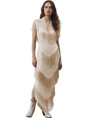 DE LA VALI Tellus Tiered Fringe Maxi Dress - Cream
