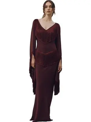 DE LA VALI Cristal Fringed V-neck Maxi Dress - Earth