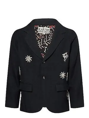 KARTIK RESEARCH Floral Motif Embroidered Single-breasted Wool Blazer - Black