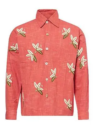 KARTIK RESEARCH Floral Box Hand-embroidered Cotton Shirt - F. Red/ecru/forest Grn