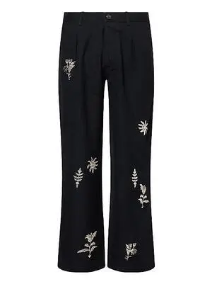 KARTIK RESEARCH Floral Motif Embroidered Wool Trousers - Black