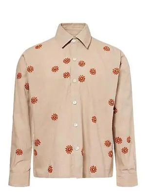 KARTIK RESEARCH Hand-embroidered Box Cotton Shirt - Taupe/red/gold