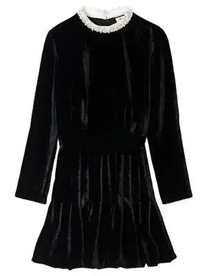 Sandro Beaded Long-sleeve Velvet Mini Dress - Black