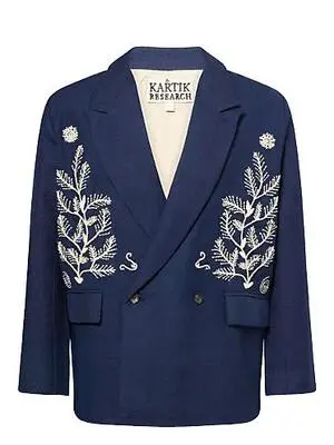 KARTIK RESEARCH Floral Embroidered Wool Double-breasted Blazer - Navy/ecru