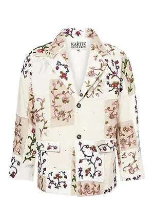 KARTIK RESEARCH Floral-embroidered Cotton Blazer - Ecru/forest/indigo