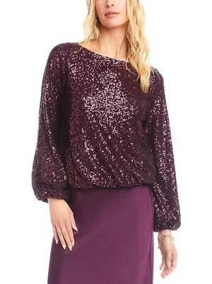 Karen Kane Sequin Boat Neck Top - Eggplant