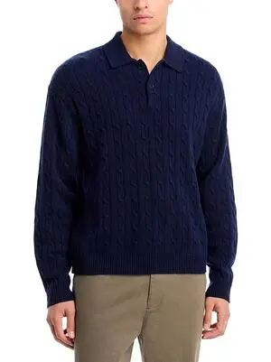 FRAME Wool And Cashmere Cable Knit Polo Sweater - Dark Navy