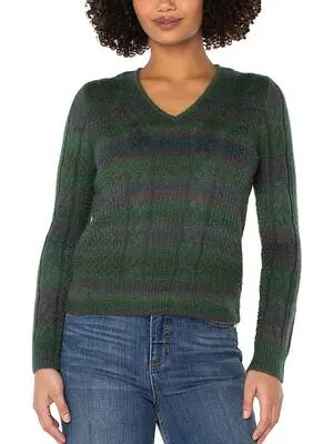 LIVERPOOL V-neck Cable Knit Sweater - Emerald Multi