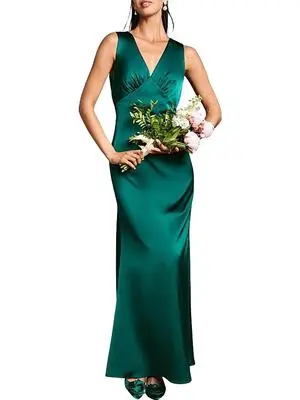 Coast Bow Back V-neck Satin Dress - Emerald