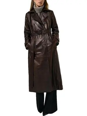 REISS Hattie Leather Trench Coat - Chocolate