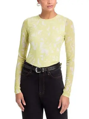 Rag & Bone Yana Printed Mesh Long Sleeve Tee Endive