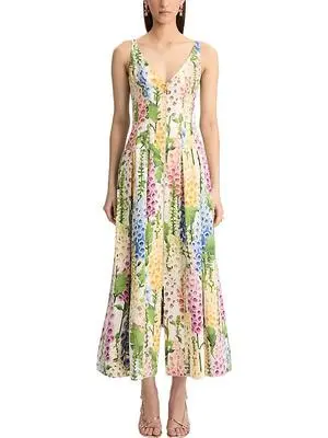 Oscar De La Renta Sleeveless V-neck Foxglove Print Dress - White Multi