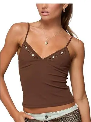 EDIKTED Beaded V-neck Tank Top - Brown
