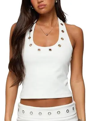 EDIKTED Havana Grommet Ribbed Halter Top - White