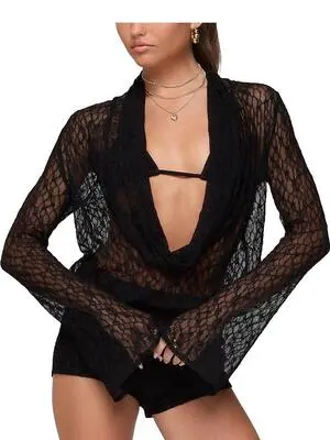 EDIKTED Lera Lacey Sheer Mesh Top - Black