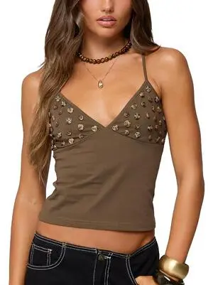 EDIKTED Nora Buttons V-neck Tank Top - Brown
