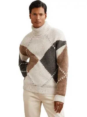 REISS Kennedy Wool-blend Roll-neck Argyle Jumper - Camel Brown Multi