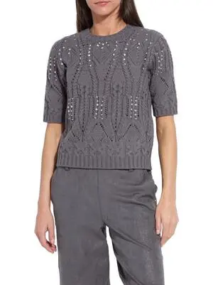 Lyssé Hadley Crystal-embellished Short Sleeve Sweater - Grey Melange