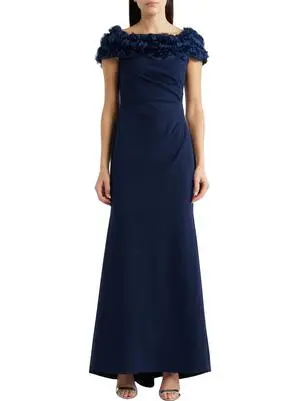 Eliza J Rosette Detail Off-the-shoulder Gown - Navy