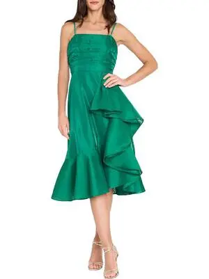 TAHARI ASL Pleated Ruffle Satin Cocktail Dress - Dark Green