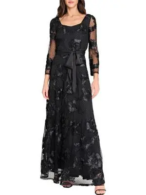 TAHARI ASL Embroidered Sheer Long Sleeve Gown - Black