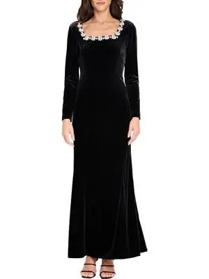 TAHARI ASL Rhinestone Neck Velvet Gown - Black
