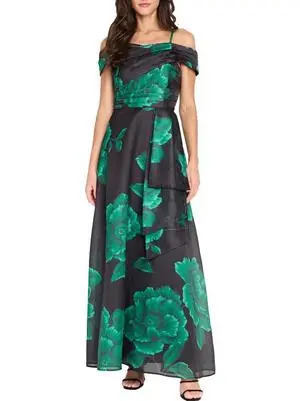 TAHARI ASL Pleated Print Off-the-shoulder Gown - Black Green