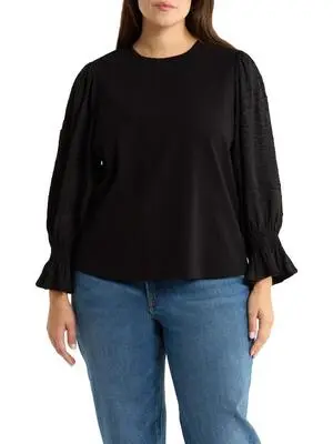 Wit & Wisdom Mixed Media Smocked Sleeve Top - Black