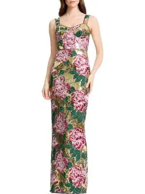 Dress The Population Reese Embroidered Floral Sequin Sheath Gown - Gold Multi