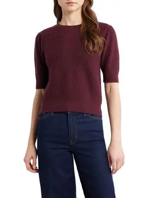 FRAME Ladder Pointelle Short Sleeve Cashmere Sweater - Cabernet