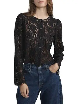FRAME Sheer Lace Button-up Shirt - Black