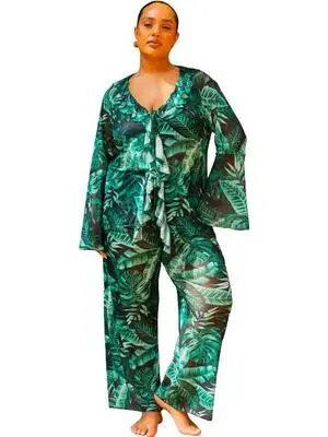 FASHION-SZN CURVE Palm Print Wide Leg Pants - Green