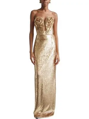 Carolina Herrera Rosette Bodice Sequin Gown - Gold