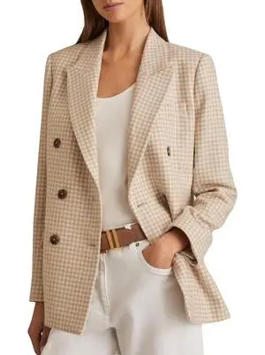 REISS Bella Check Double-breasted Blazer - Neutral Check