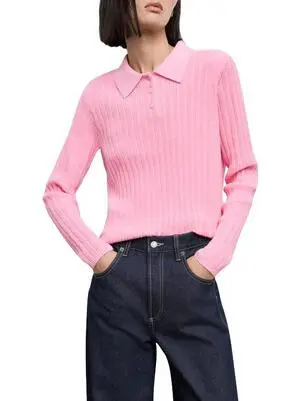 Mango Ribbed Long-sleeve Polo Sweater - Pink