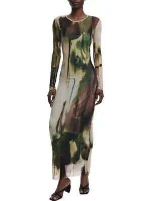 Desigual Printed Mesh Maxi Dress - Military Green