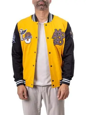 MACEOO Varsity Lambskin Leather Bomber Jacket - Yellow