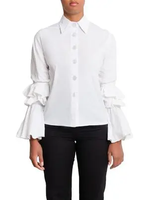 THE LULO PROJECT Ruffle Bell Sleeve Button-up Shirt - Crudo