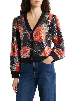 Farm Rio Latin Roses Sequin Knit Cardigan - Black