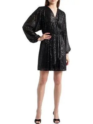 Hugo Boss Sequin Mesh Long Sleeve Cocktail Dress - Black