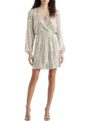 Hugo Boss Sequin Mesh Long Sleeve Cocktail Dress - Open Beige