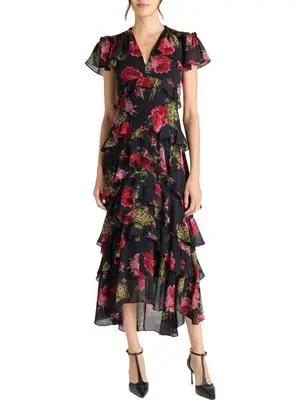 Cinq À Sept Floral Tiered Ruffle Maxi Dress Obsidian Multi
