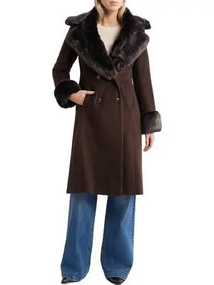 Via Spiga Double-breasted Wool-blend Coat With Faux Fur Trim - Chocolate