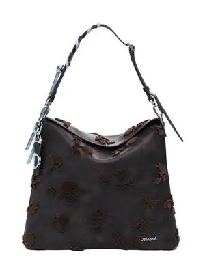 Desigual Faux Leather Backpack With Floral Appliqués - Dark Brown