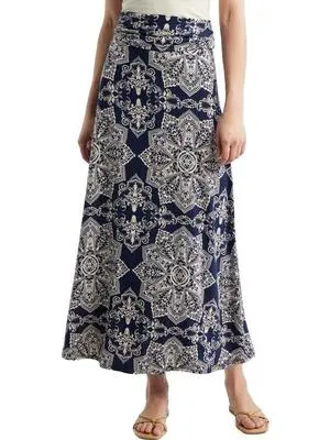 Loveappella Printed Maxi Skirt - Navy