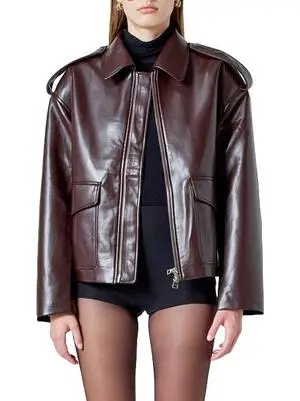 Endless Rose Oversized Faux Leather Jacket - Brown