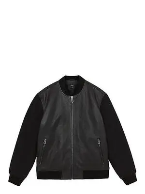 REISS Leather Bomber Jacket With Wool Sleeves - Black