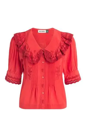 Rixo Silk Embroidered Quince Blouse - Red