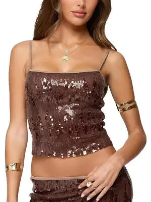 EDIKTED Kaylee Sequin Tank Top - Brown
