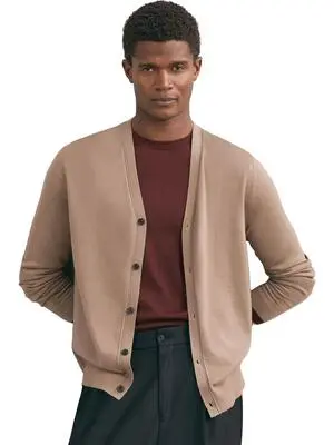 REISS Merino Wool Button-through Cardigan - Camel Brown